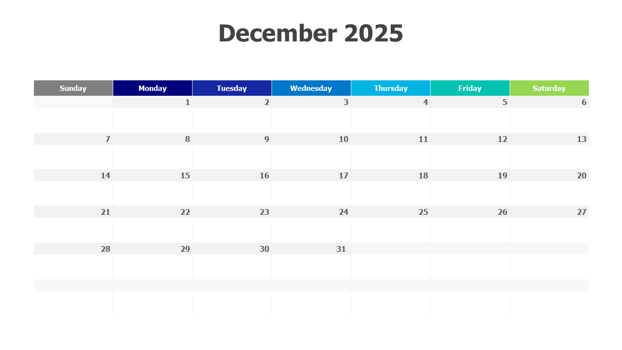 December 2025 Colorful Weekly Calendar Layout | PPT Design