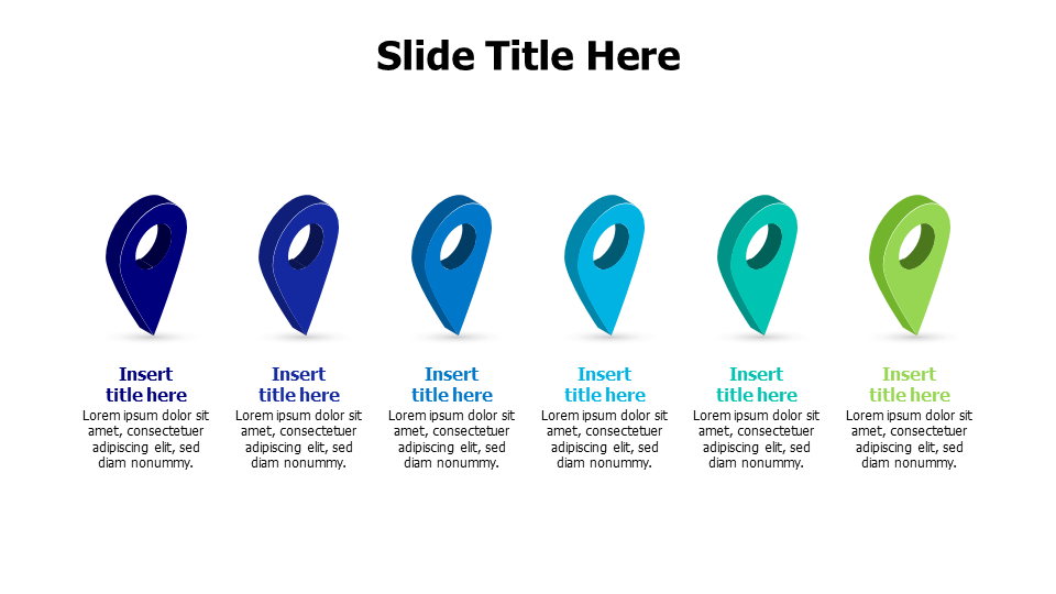 6 points 3D colored location pins infographic Inforgraphics & Slides