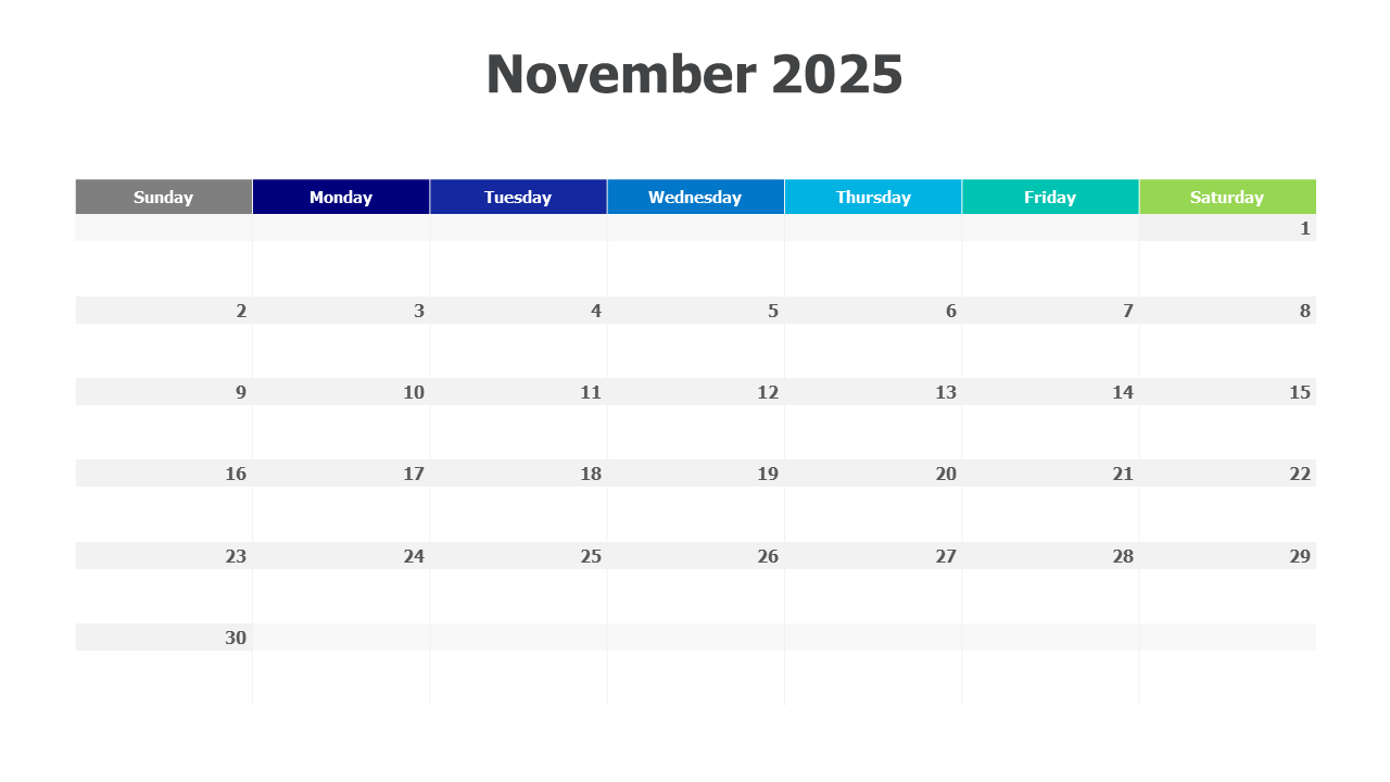 November 2025 Rainbow Grid Calendar Layout | PPT Design