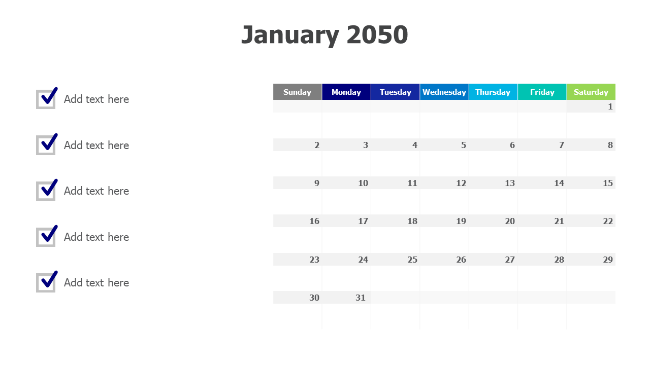 January 2050 calendar with checkmarks-7460 PowerPoint Template