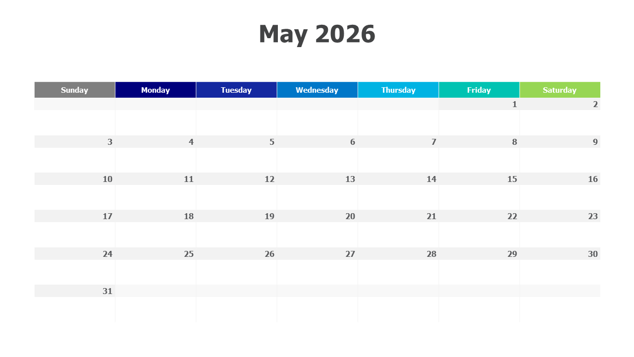May 2026 Gradient Monthly Calendar Grid | PPT Design