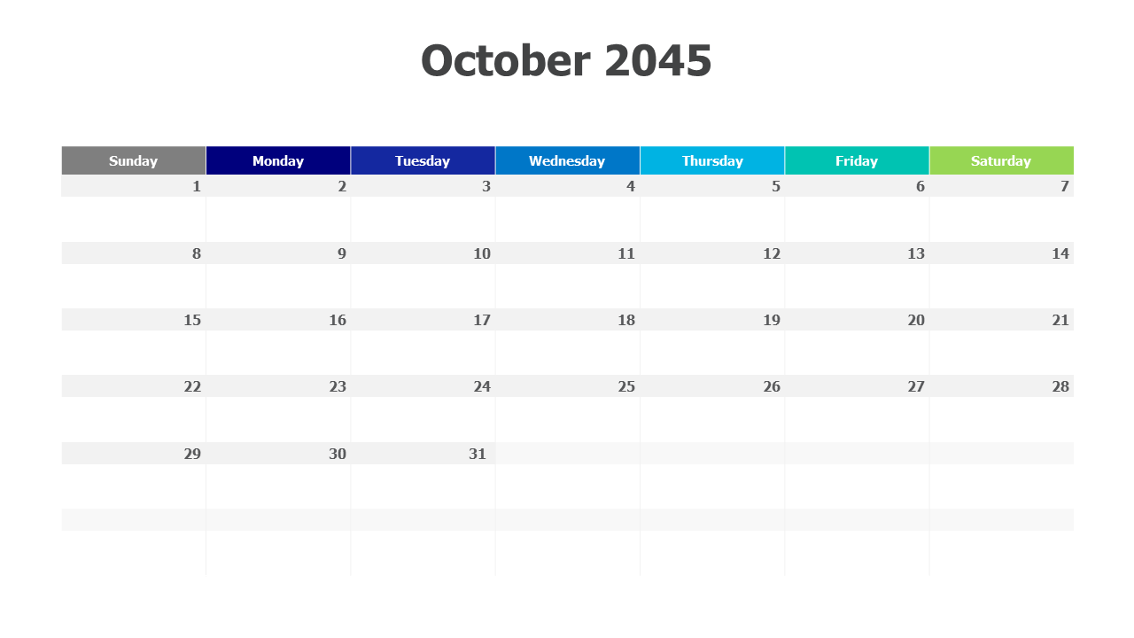 October 2045 calendar-7278 PowerPoint Template