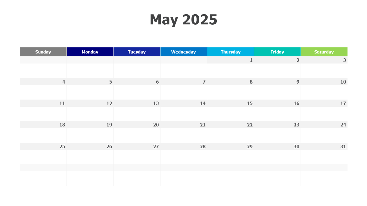 May 2025 Rainbow Calendar Grid Layout | PPT Design