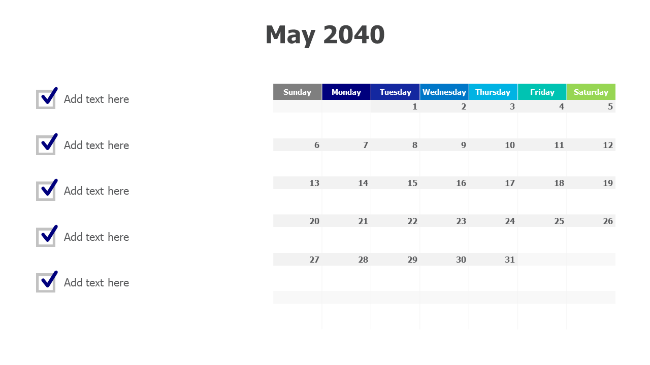 May 2040 calendar with checkmarks Inforgraphics & Slides