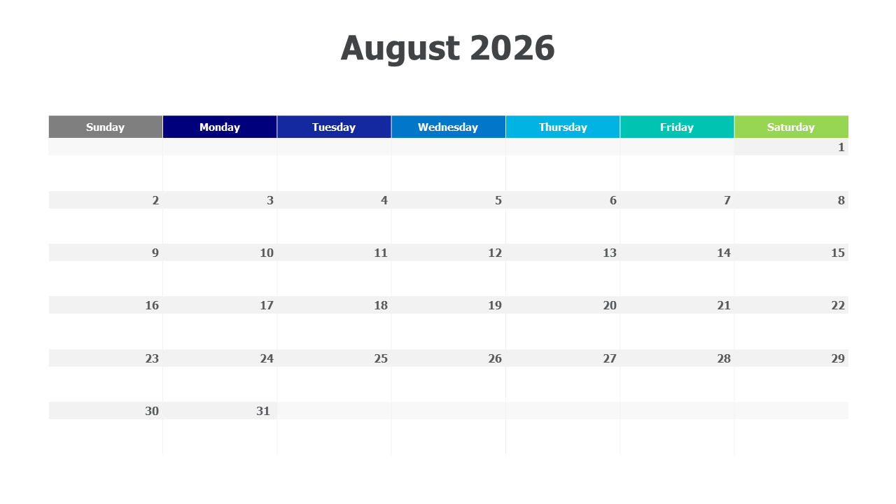 August 2026 Rainbow Gradient Monthly Calendar | PPT Design