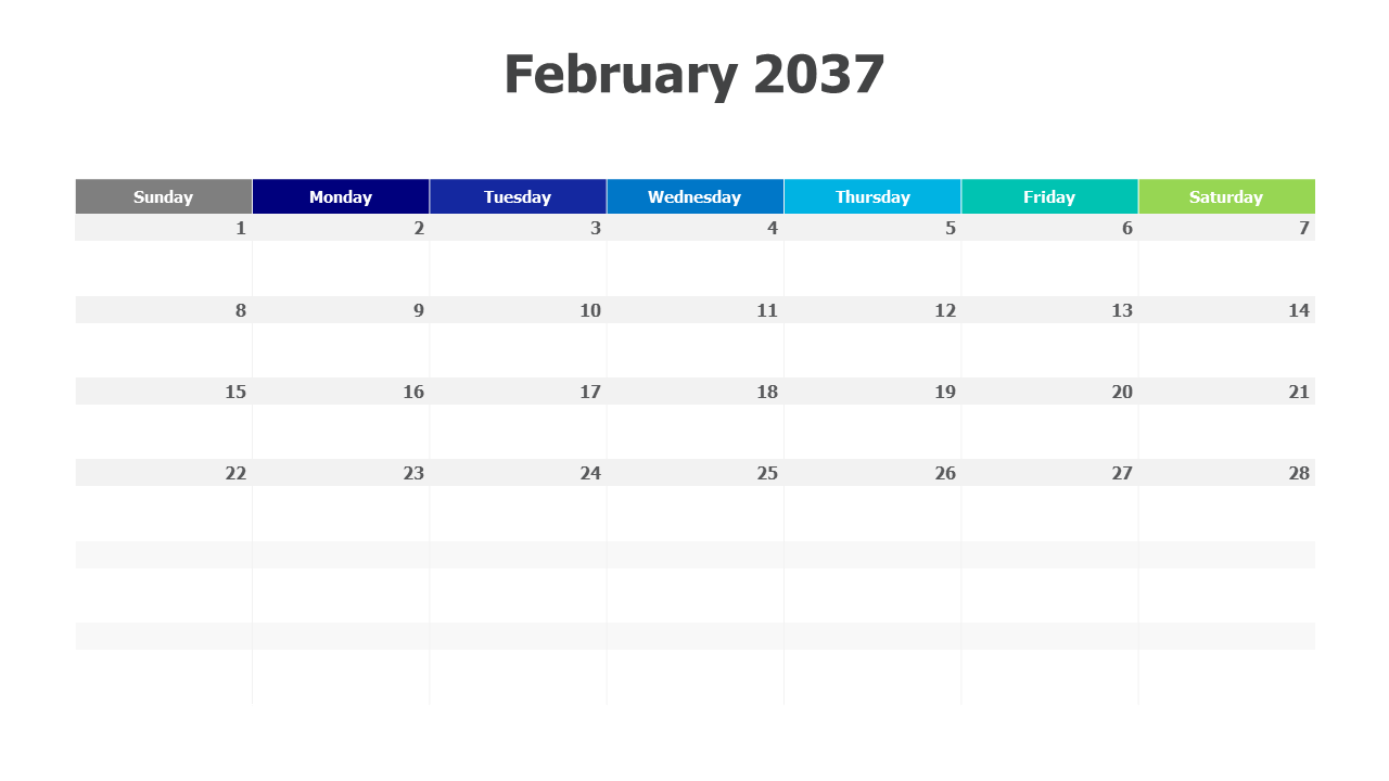 February 2037 Rainbow Weekly Calendar Grid | PPT Design