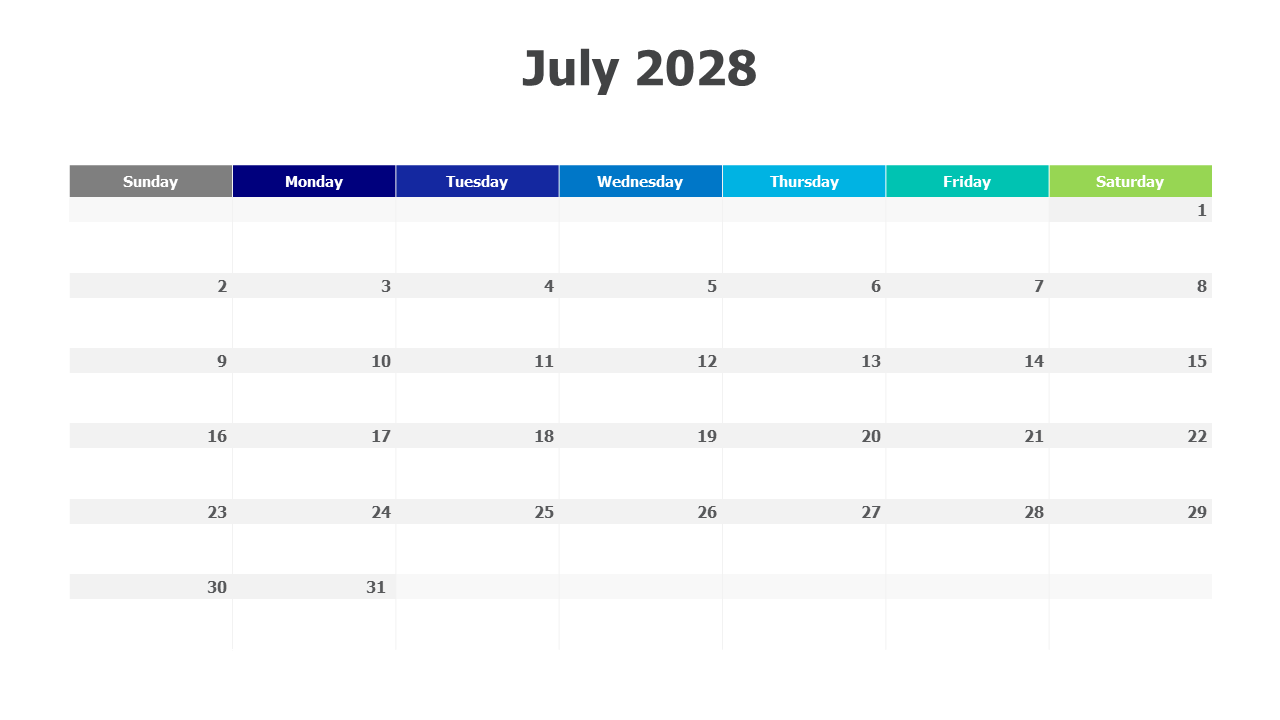 July 2028 Gradient Header Calendar Layout | PPT Design