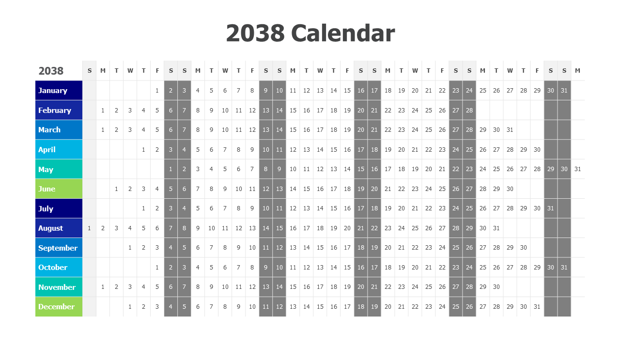 2038 Full Year Grid Calendar Layout | Calendar | PPT Design